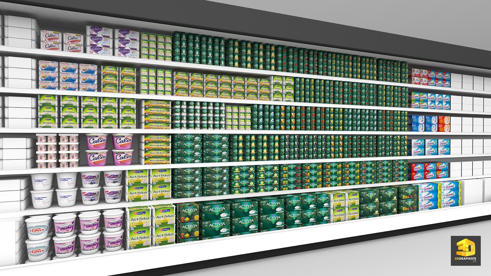 PLV - Linéaires de supermarchés Activia de Danone - 3DGRAPHISTE.FR